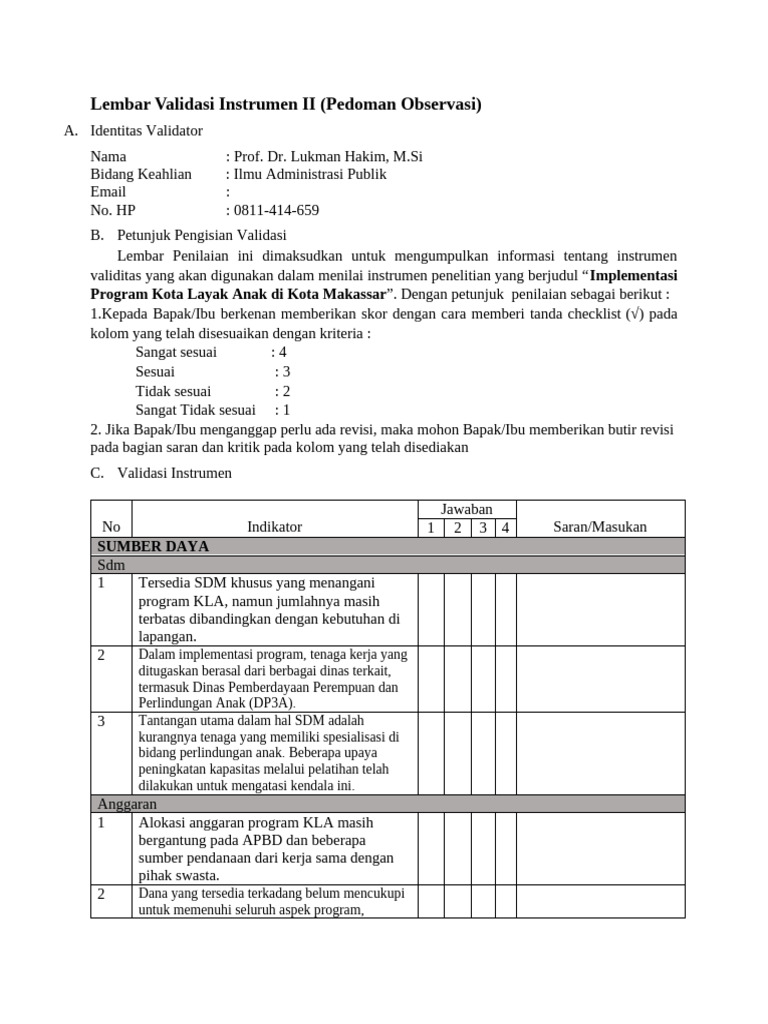 Lembar Validasi Instrumen Observasi (PAK LUKMAN) | PDF