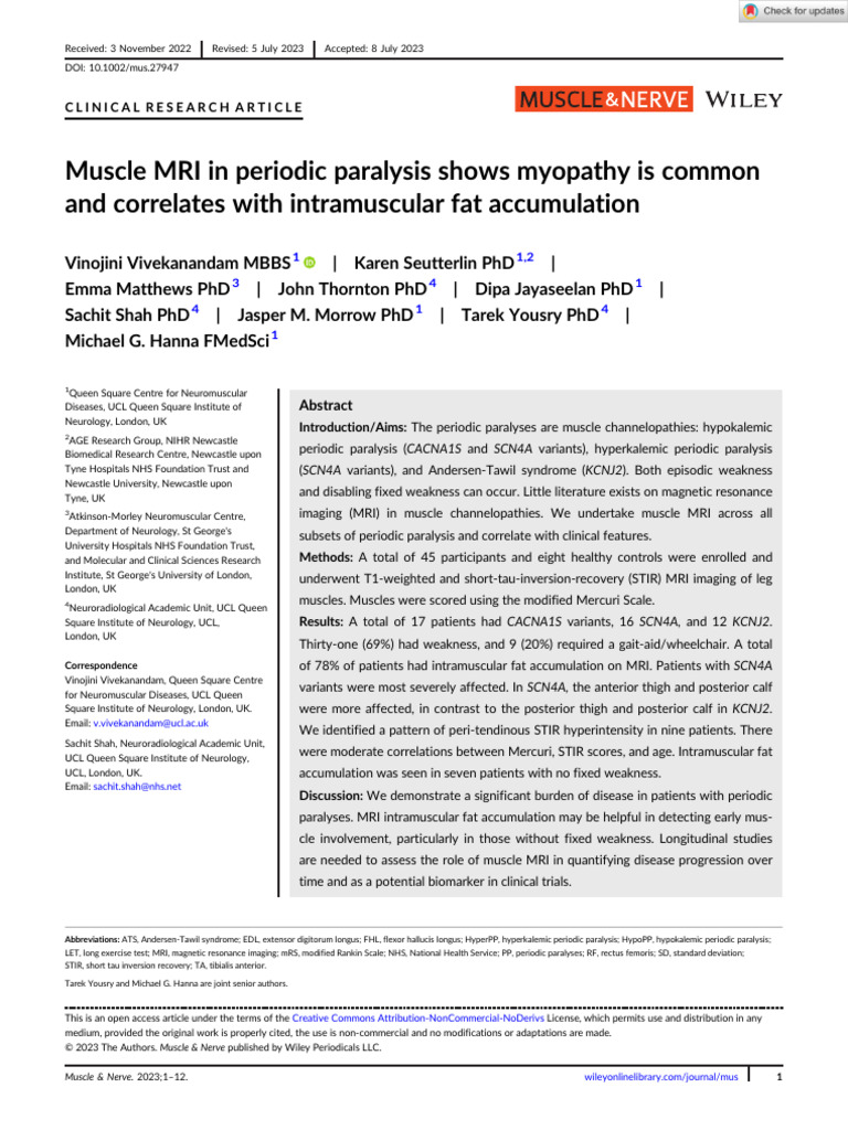 MRI in Periodic Paralysis | PDF | Weakness | Magnetic Resonance Imaging