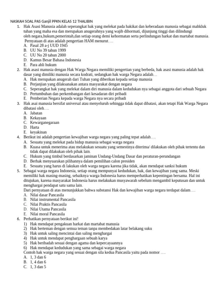 Naskah Soal Pas Ppkn Kelas 12 Sadhar 2022 | PDF