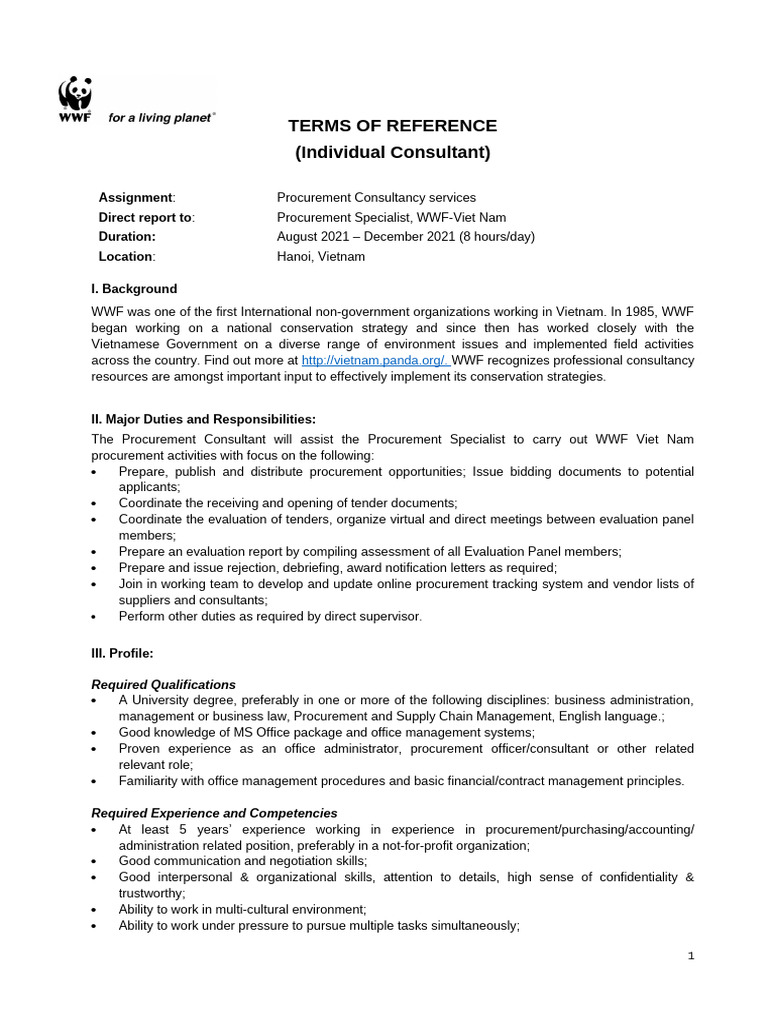 Procurement Consultant Tor 26jul21 | PDF | Consultant | Procurement