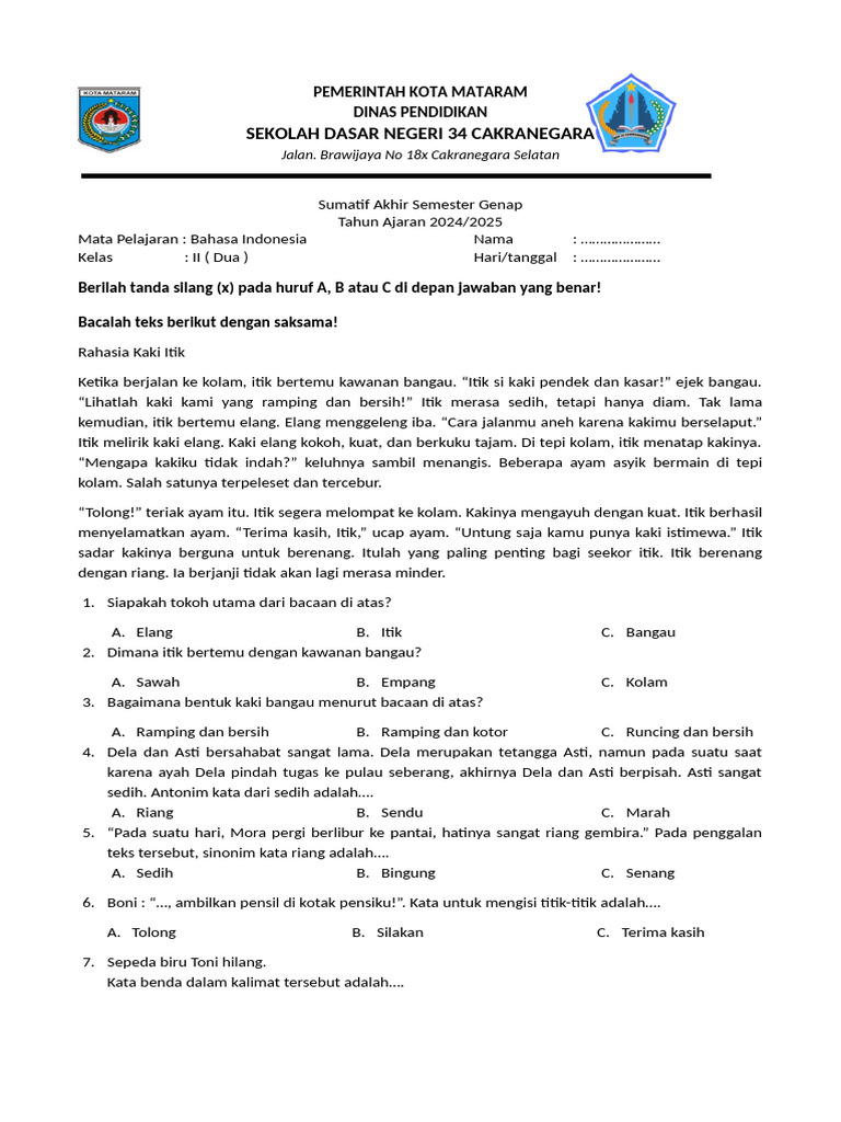 PAS Bahasa Indonesia Kelas 2 | PDF