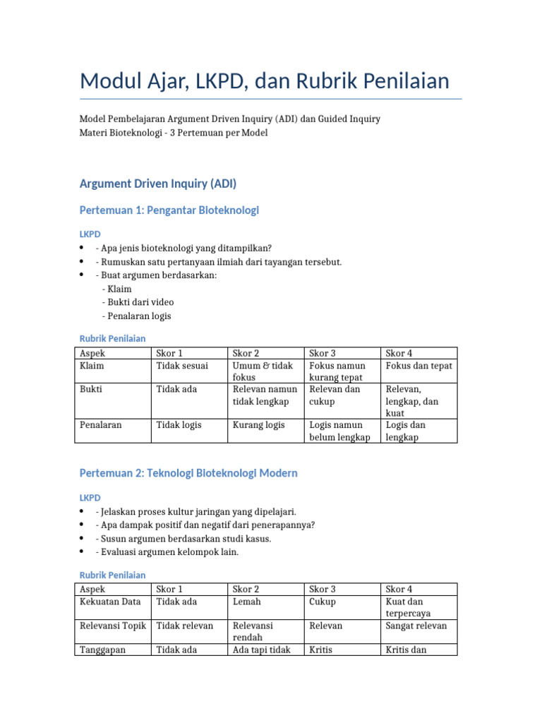 Modul Ajar LKPD Rubrik Bioteknologi ADI Guided | PDF