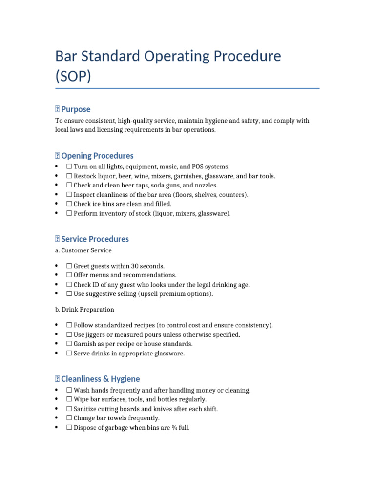 Bar Standard Operating Procedures Guide | PDF