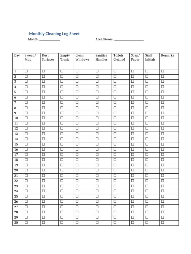 Monthly Cleaning Log Sheet | PDF