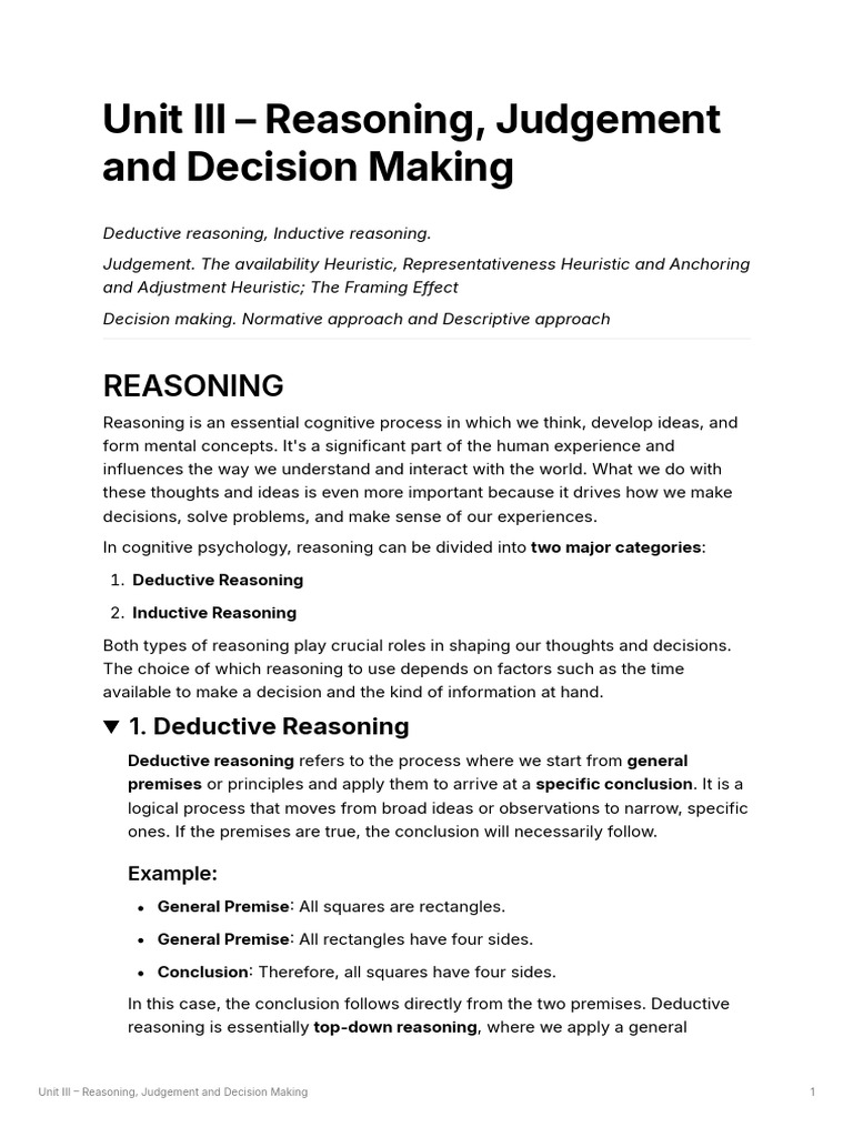 Unit III Reasoning Judgement and Decision Making | PDF ...