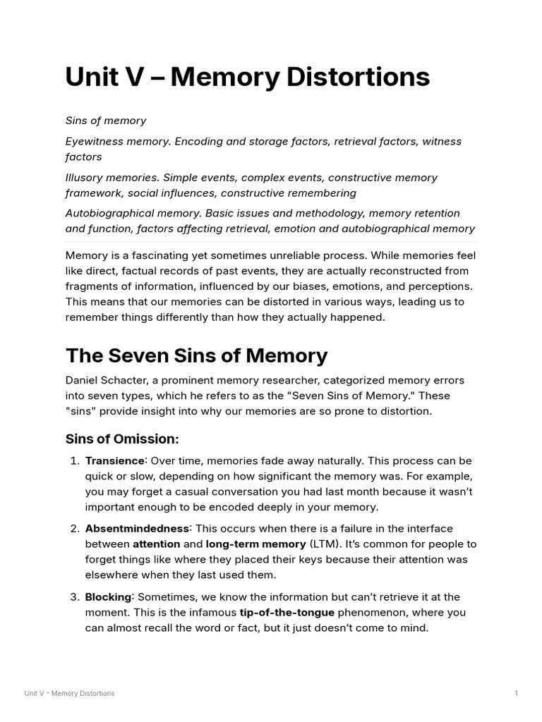 Unit V Memory Distortions | PDF | Memory | Recall (Memory)
