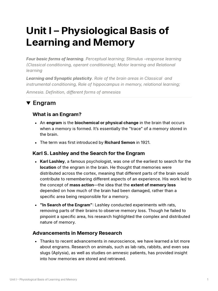 Unit I Physiological Basis of Learning and Memory | PDF | Long Term Potentiation | Synaptic ...