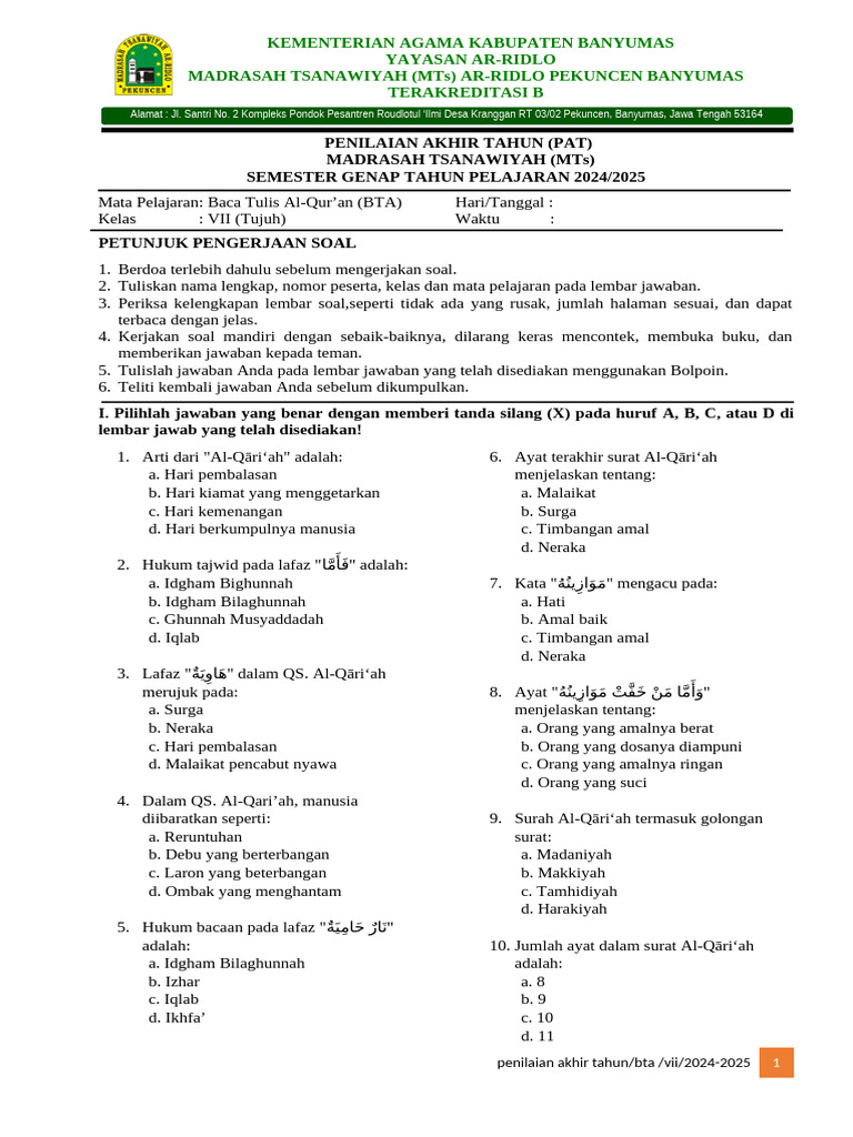 Soal Bta Kelas 7 Asat 2025 | PDF