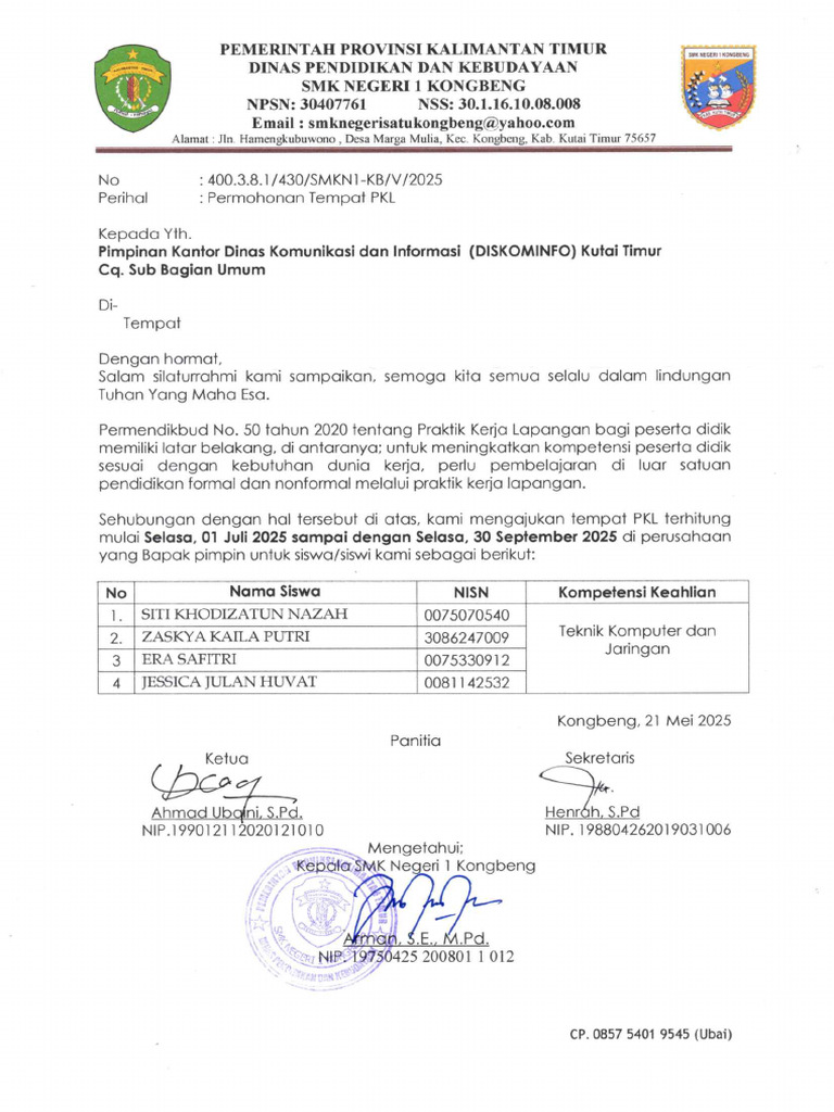 Permohonan Tempat PKL Diskominfo | PDF