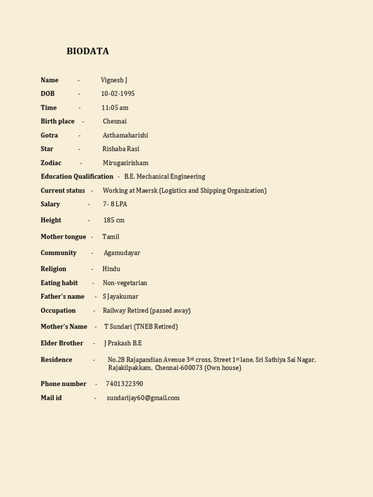 Vignesh Biodata | PDF