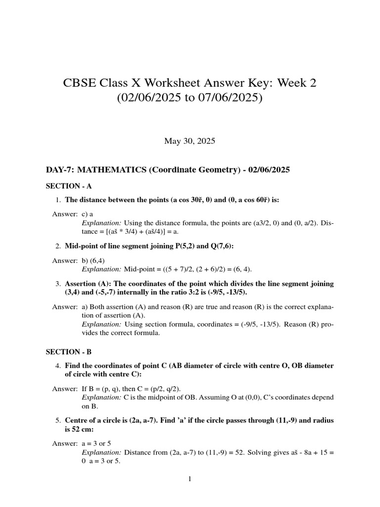 CBSE Class X Worksheet Answer Key: Week 2 (02/06/2025 To 07/06/2025 ...