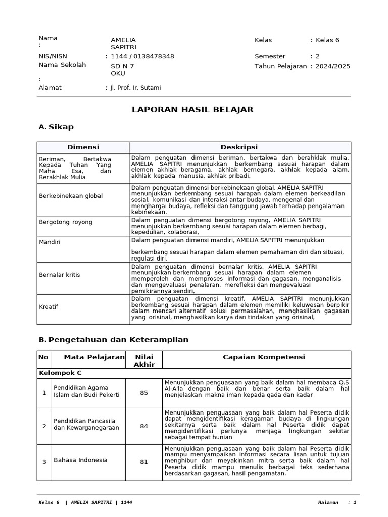 Rapor K13 Kelas6 | PDF