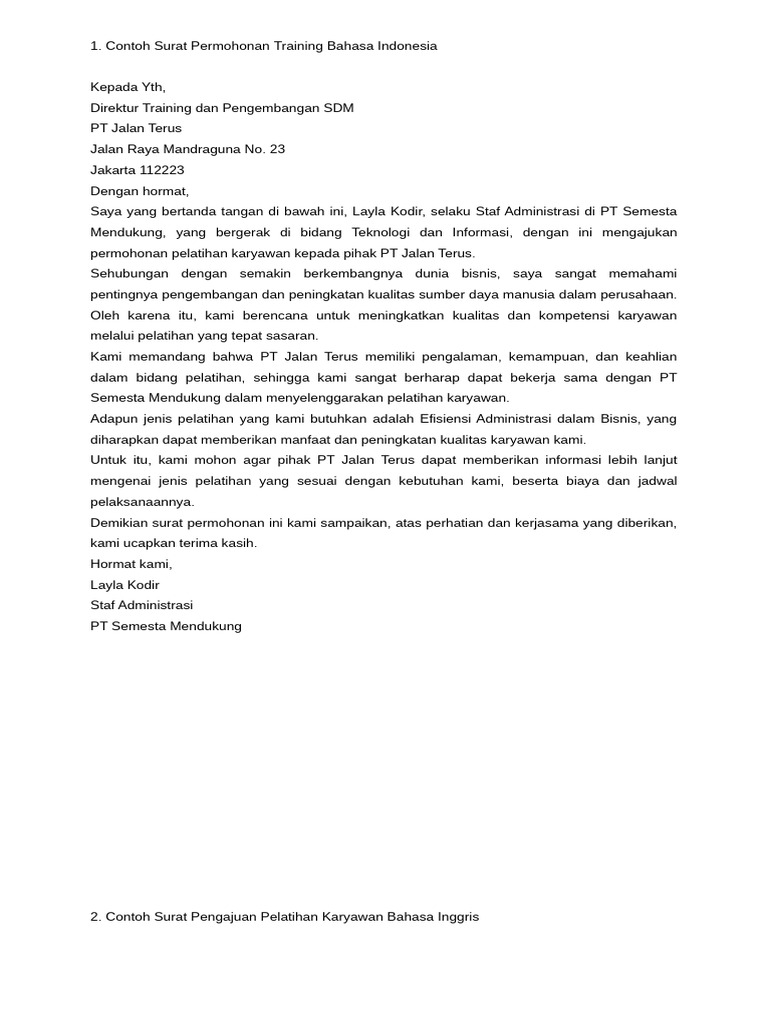 Contoh Surat Permohonan Dilaksanakan Pelatihan Karyawan | PDF