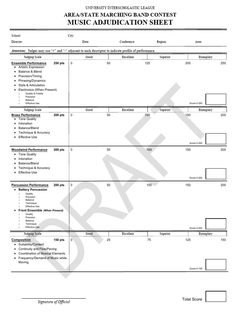 Uil Area and State Music Evaluation Sheet Mock Up April 2018 | PDF ...