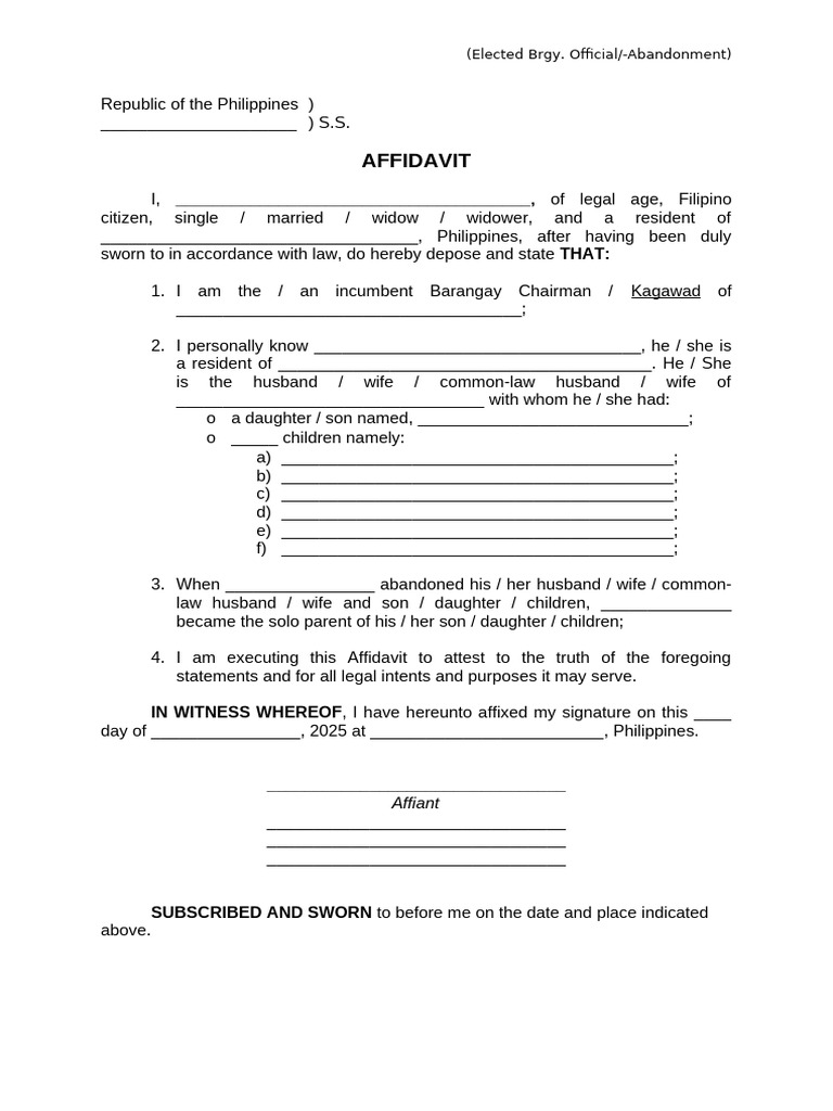 AFFIDAVIT - Solo Parent (Elected Brgy. Official-Abandonment) | PDF