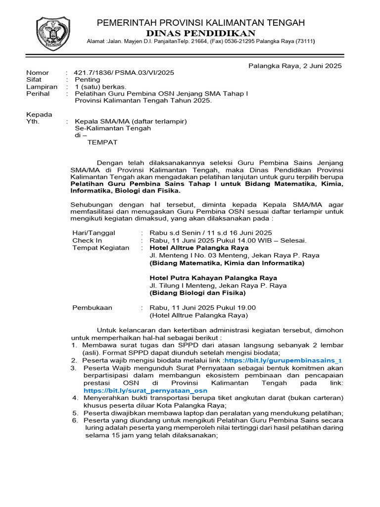 Pelatihan Guru Pembina OSN SMA 2025 | PDF
