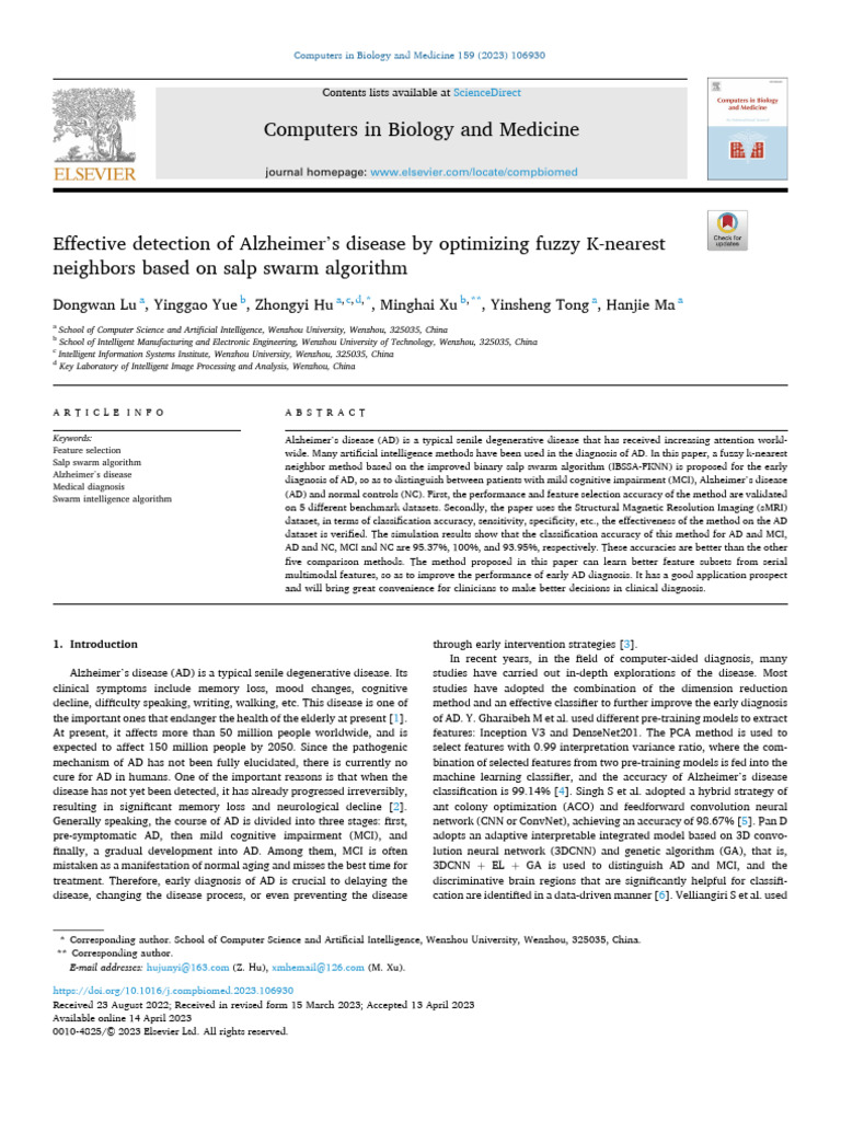 Effective Detection of Alzheimer's Disease by Optimizing Fuzzy K-Nearest Neighbors Based On Salp ...