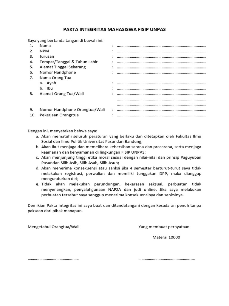 Pakta Integritas Mahasiswa Fisip Unpas. | PDF