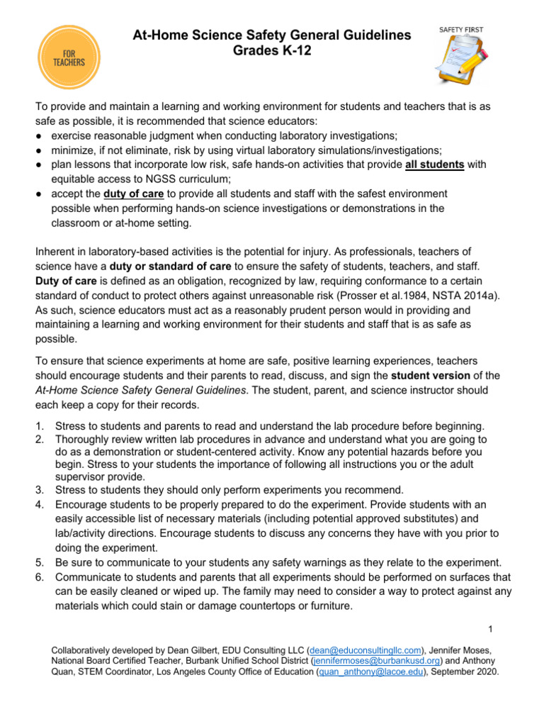 At-Home Science Safety Guidelines K-12 | PDF | Teachers | Safety