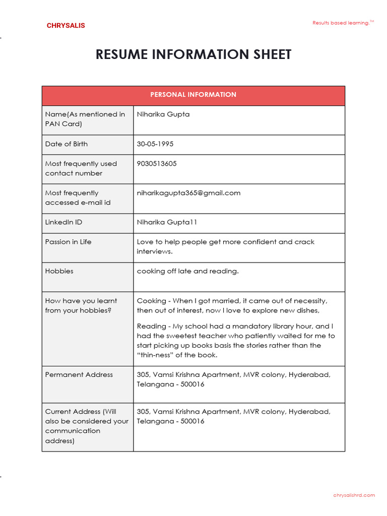 Resume Information Sheet | PDF