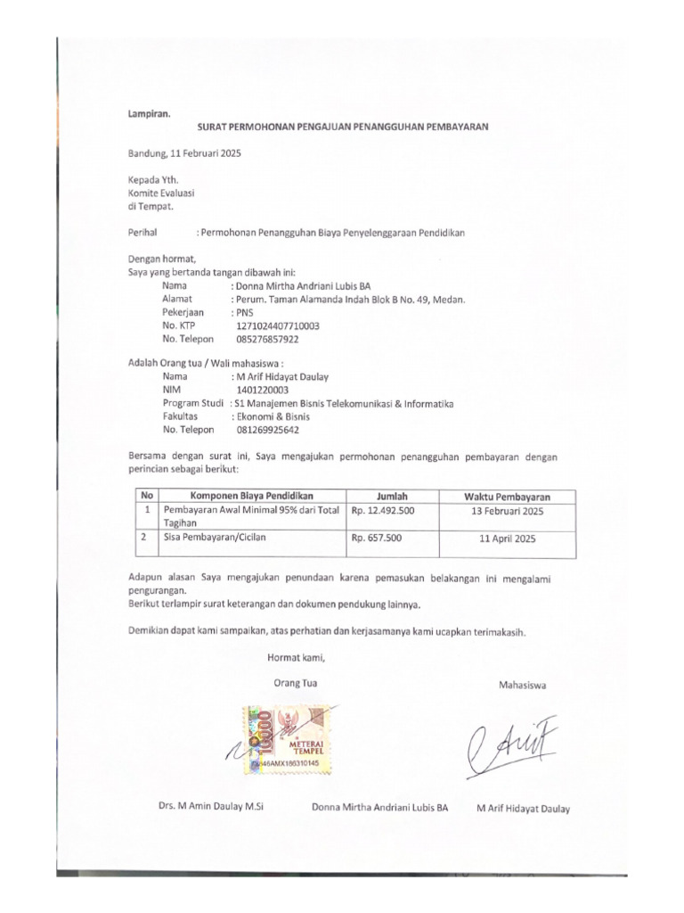 Surat Penangguhan Pembayaran BPP M Arif Hidayat Daulay | PDF