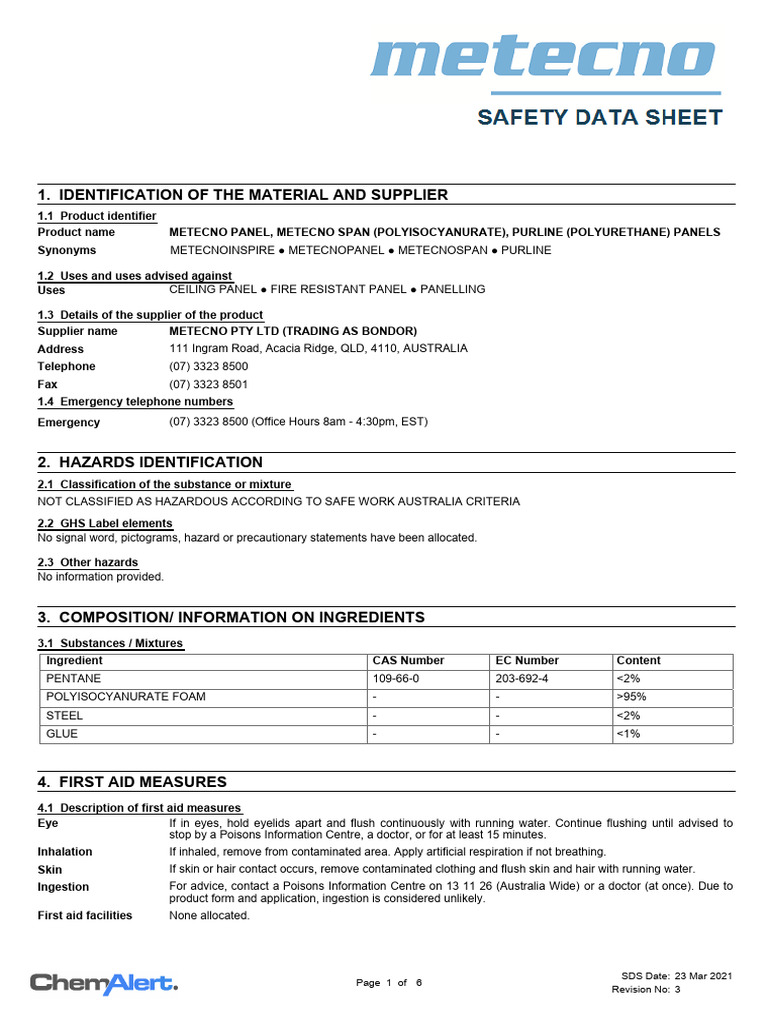 Msds Metecnopanel Metecnospan Polyisocyanurate Purline Polyurethane ...