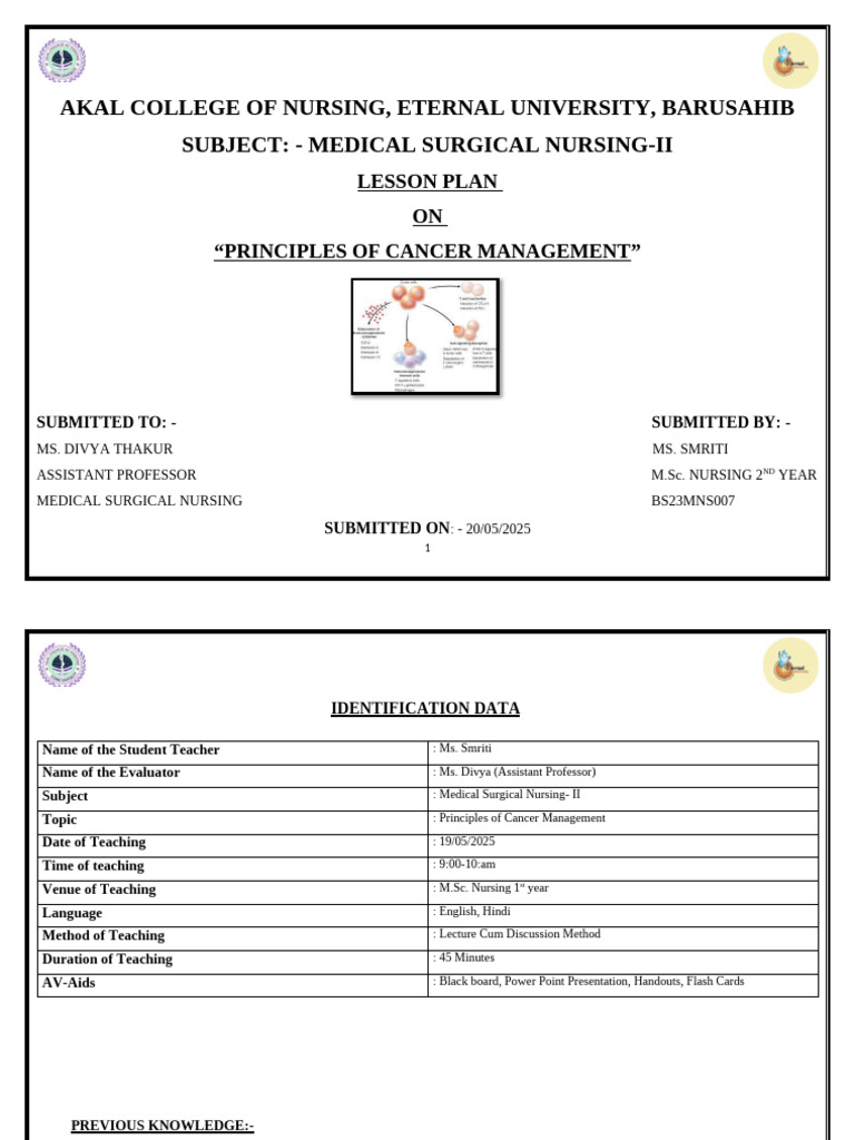 Cancer Management Principles Lesson Plan | PDF | Biopsy | Cancer