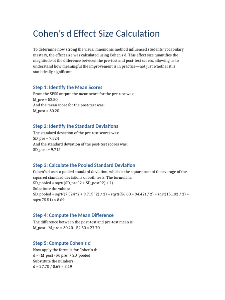 Cohens D Effect Size Calculation | PDF