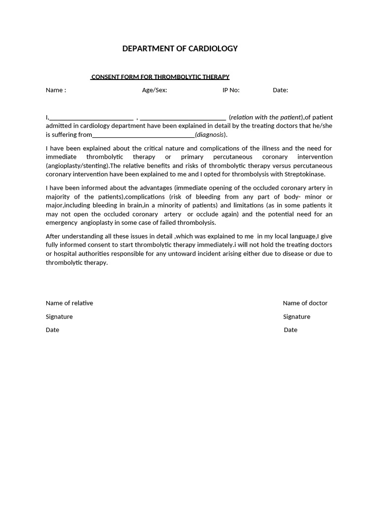 Thrombolytic Therapy Consent Form | PDF