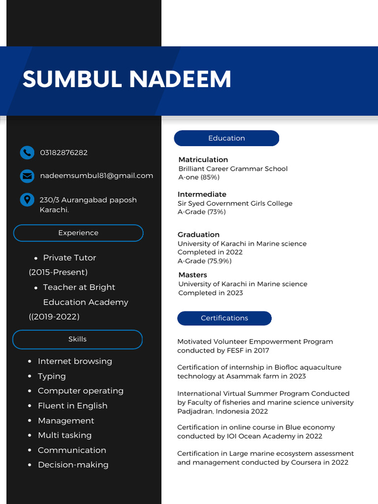 Sumbul Nadeem: Education 03182876282 | PDF
