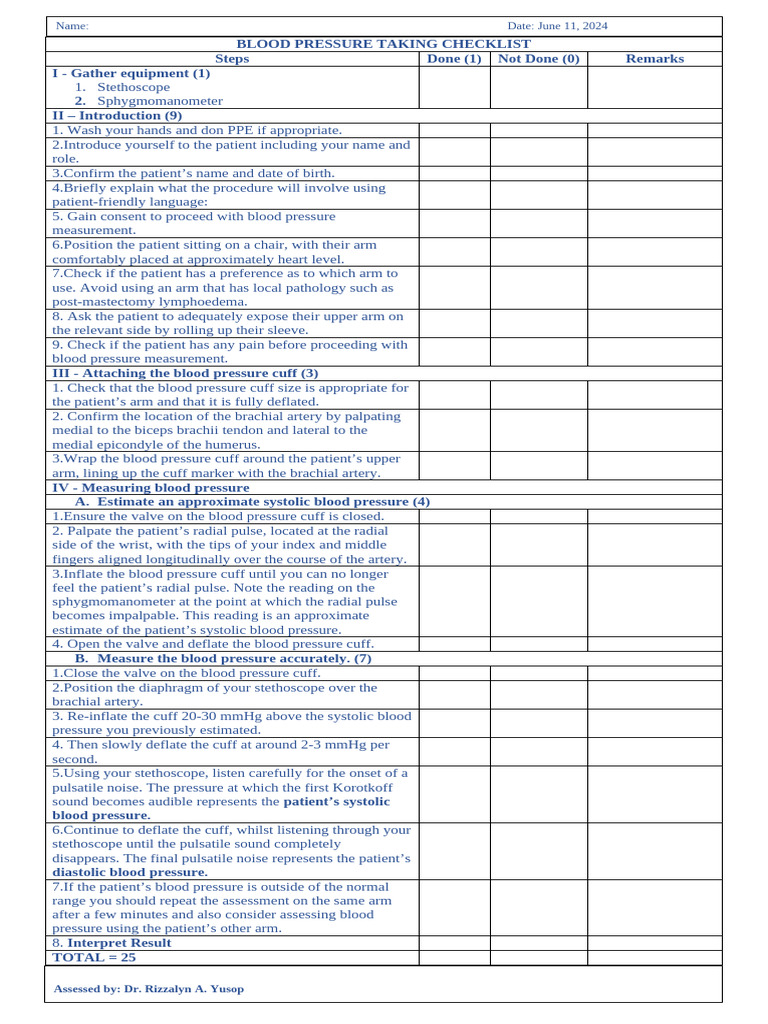 BP Taking Checklist With Scores | PDF | Blood Pressure | Angiology
