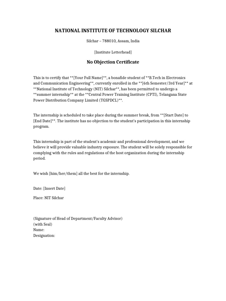 NOC Template NIT Silchar | PDF