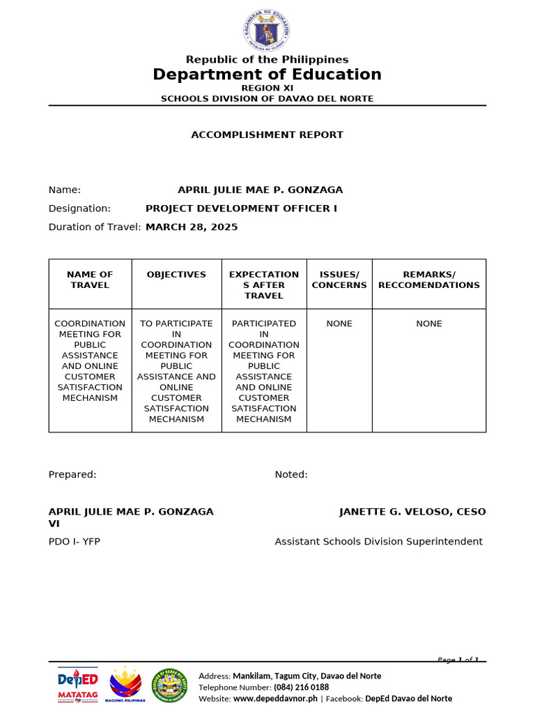 Accomplishment Report USERDEP BA04QSN | PDF