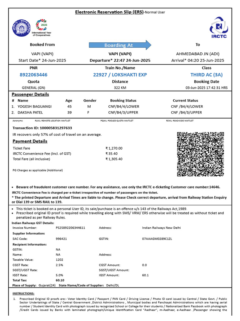 E Ticket Vapi Adi 24-06-2025 | PDF | Identity Document | Payments