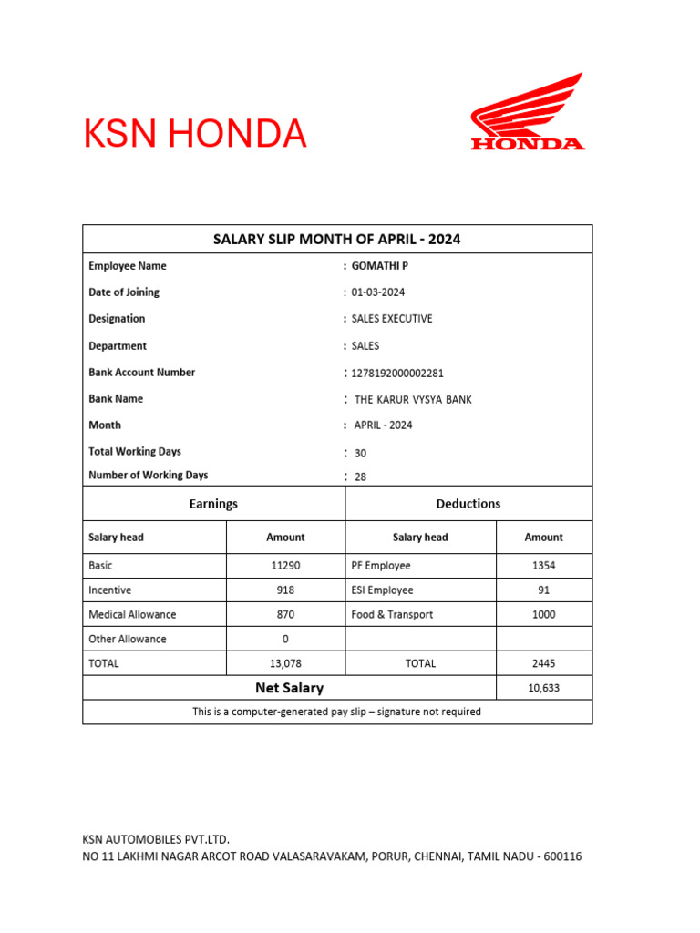 Gomathi Pay Slip April | PDF