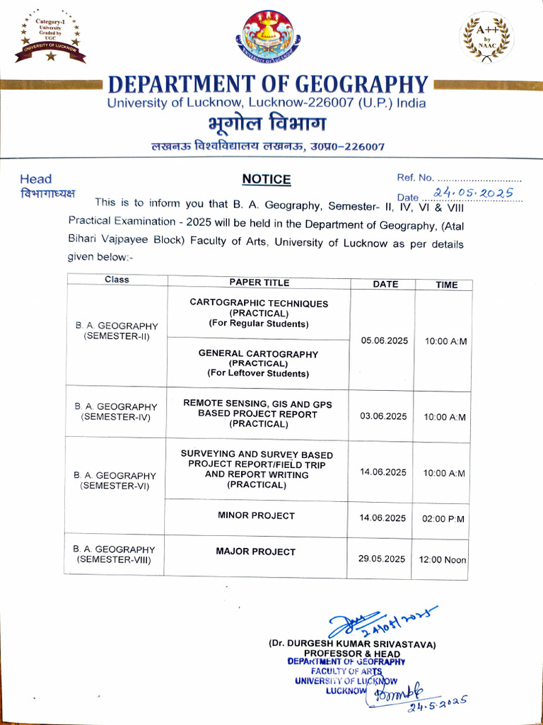 B.A. Geography Sem-2,4,6 & 8 Practical Notice - 2025 | PDF