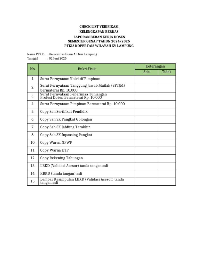 Checklist Verifikasi Beban Kerja Dosen | PDF