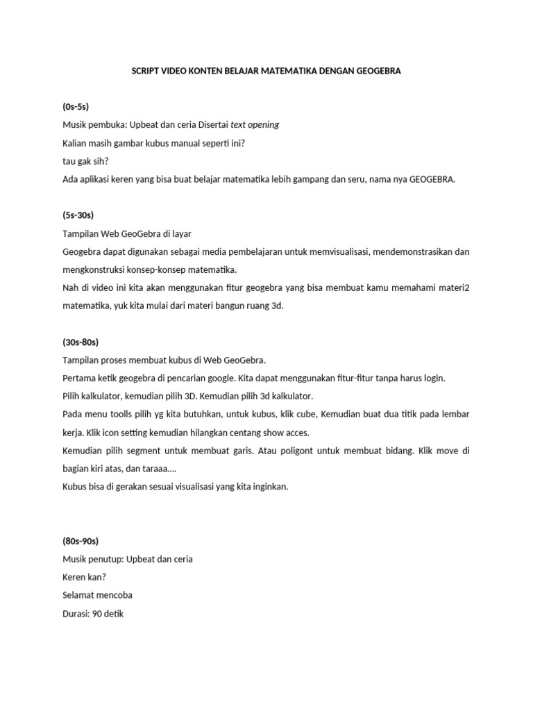 Script Video Konten Belajar Matematika Dengan Geogebra | PDF