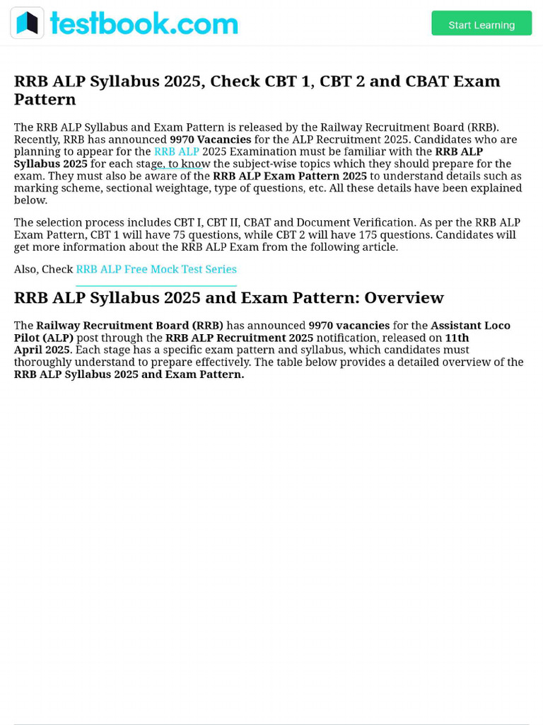 RRB ALP Syllabus 2025, Check CBT 1, CBT 2 and CBAT Exam Pattern | PDF