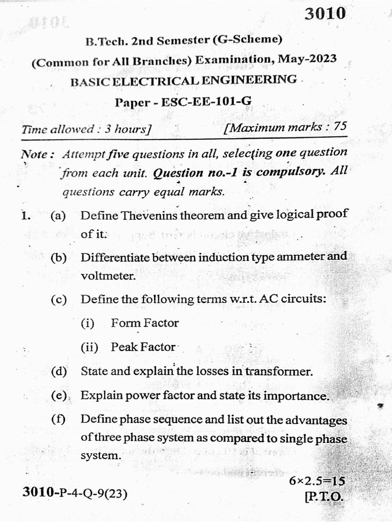 Btech 2 Sem Basic of Electrical Engineering 3010 May 2023 | PDF