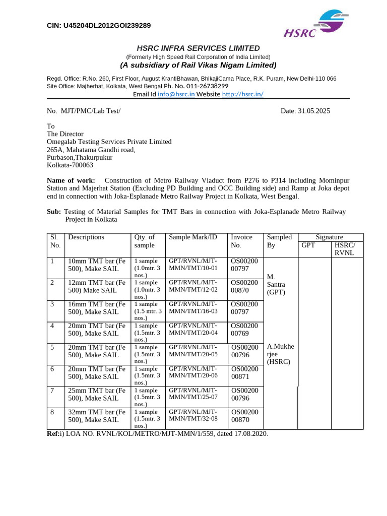 TMT Bar Testing Request for Metro Project | PDF | Land Transport ...