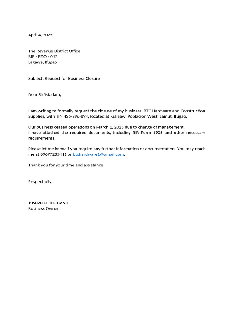 Business Closure Letter | PDF