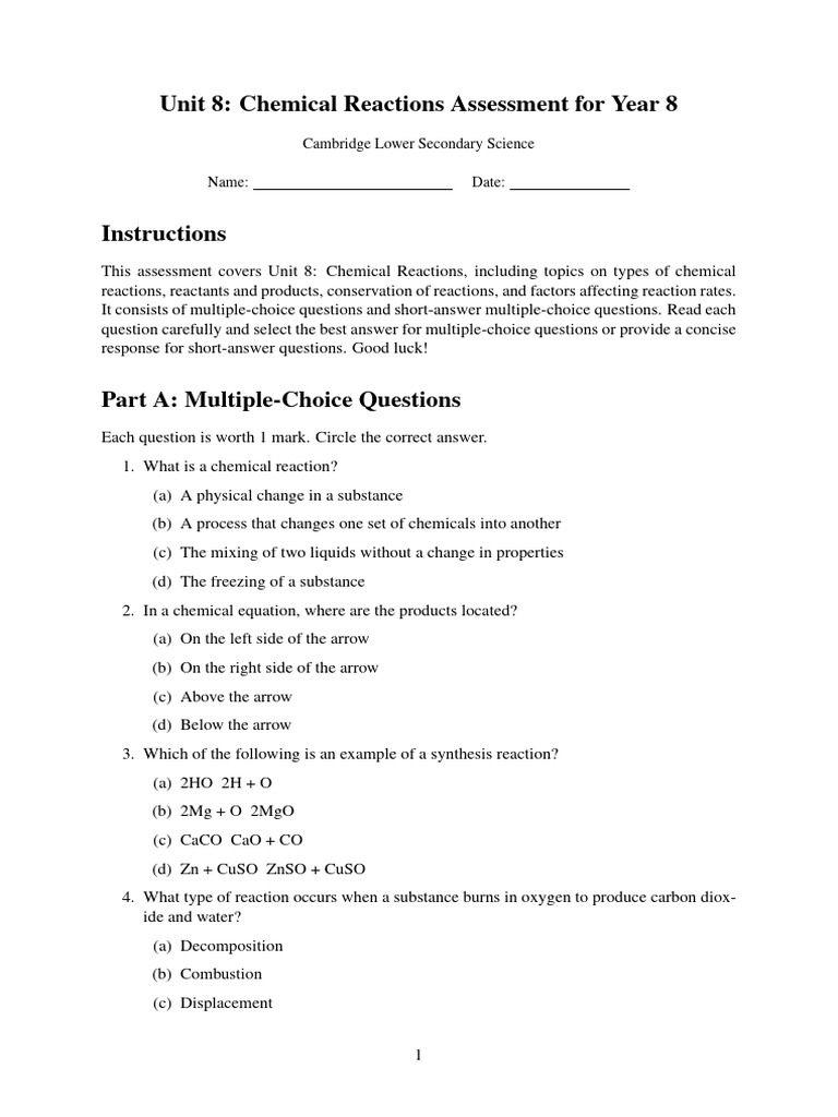 Year 8 Chemical Reactions Assessment | PDF | Chemical Reactions | Catalysis
