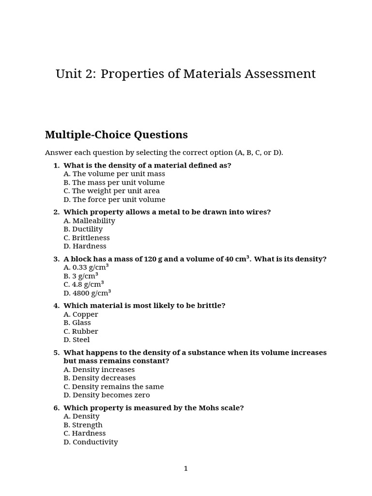 Unit 2: Properties of Materials Assessment: Multiple-Choice Questions ...