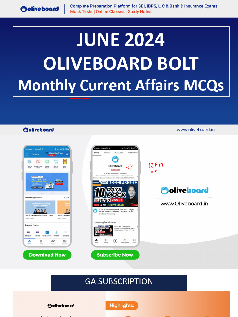 June 2024 Oliveboard Bolt Monthly Current Affairs Mcqs | PDF
