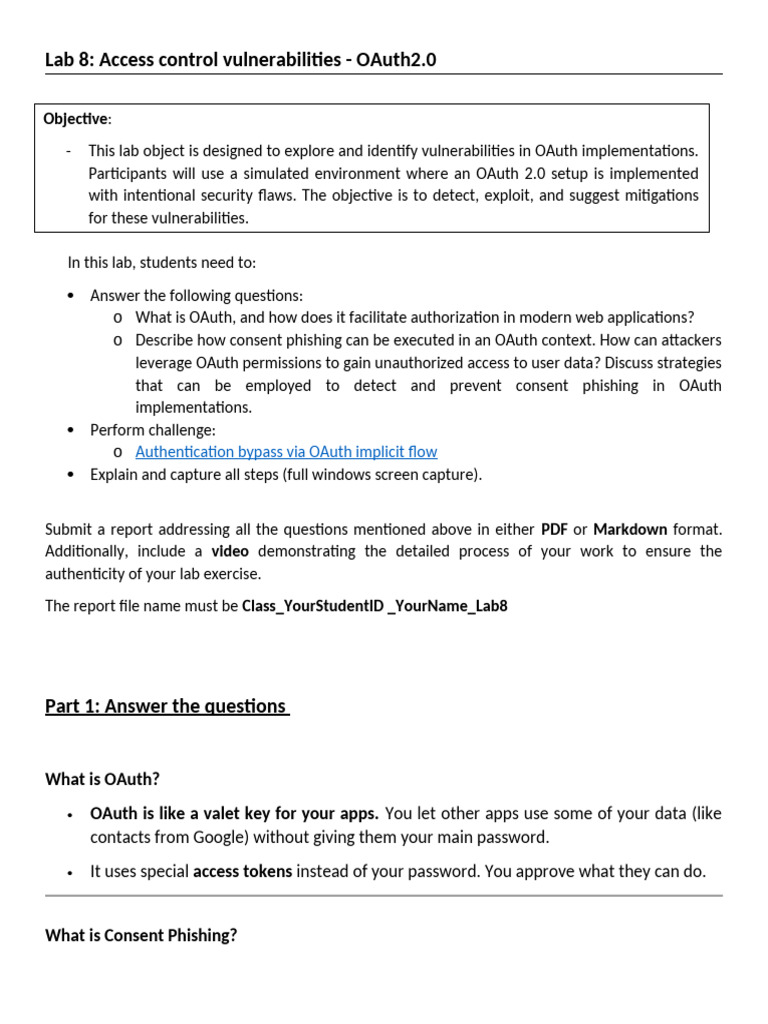 02 06 2025 Lab8 Access Control Vulnerabilities - OAuth2.0 | PDF | Phishing | Login