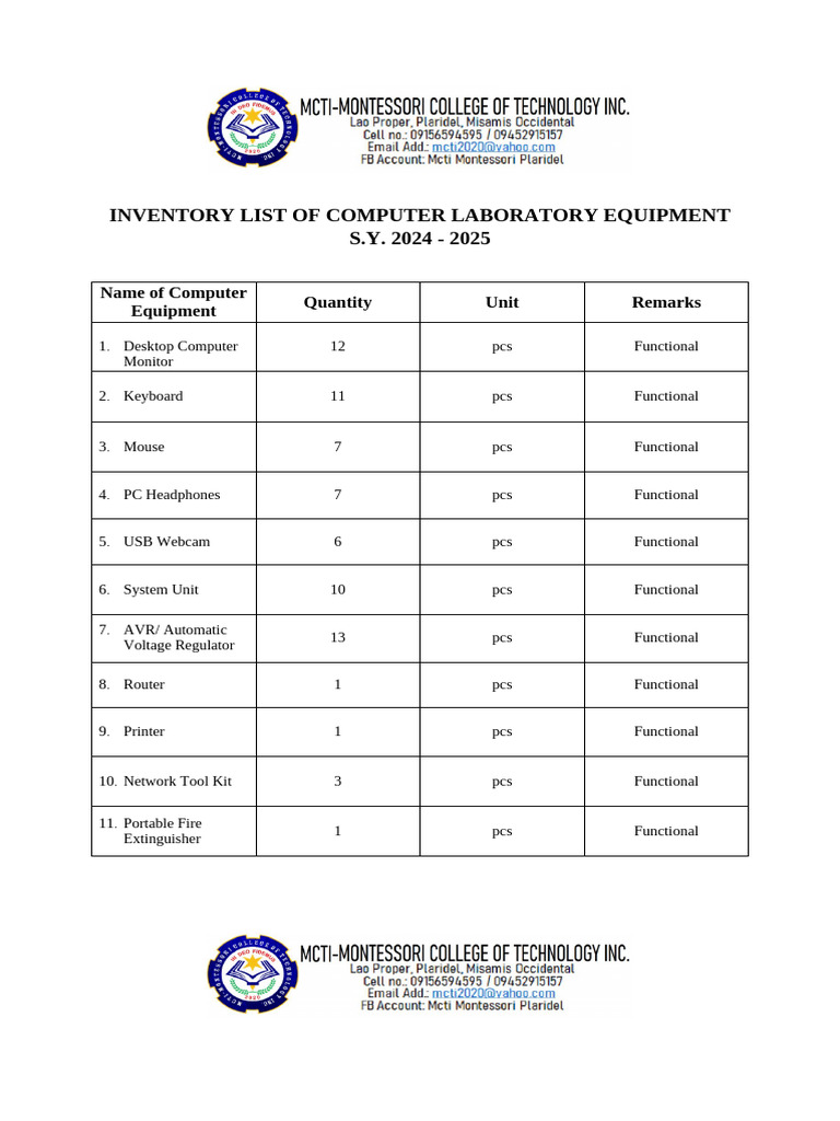 Computer Laboratory Equipment Inventory | PDF | Personal Computers
