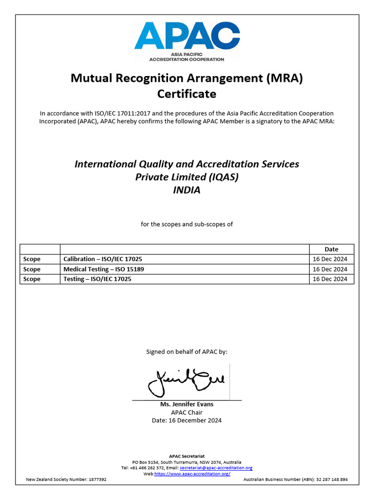 Apac Mra Certificate Iqas | PDF