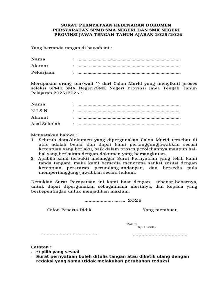 Surat Pernyataan Kebenaran Dokumen Persyaratan PPDB Sma Negeri Dan | PDF