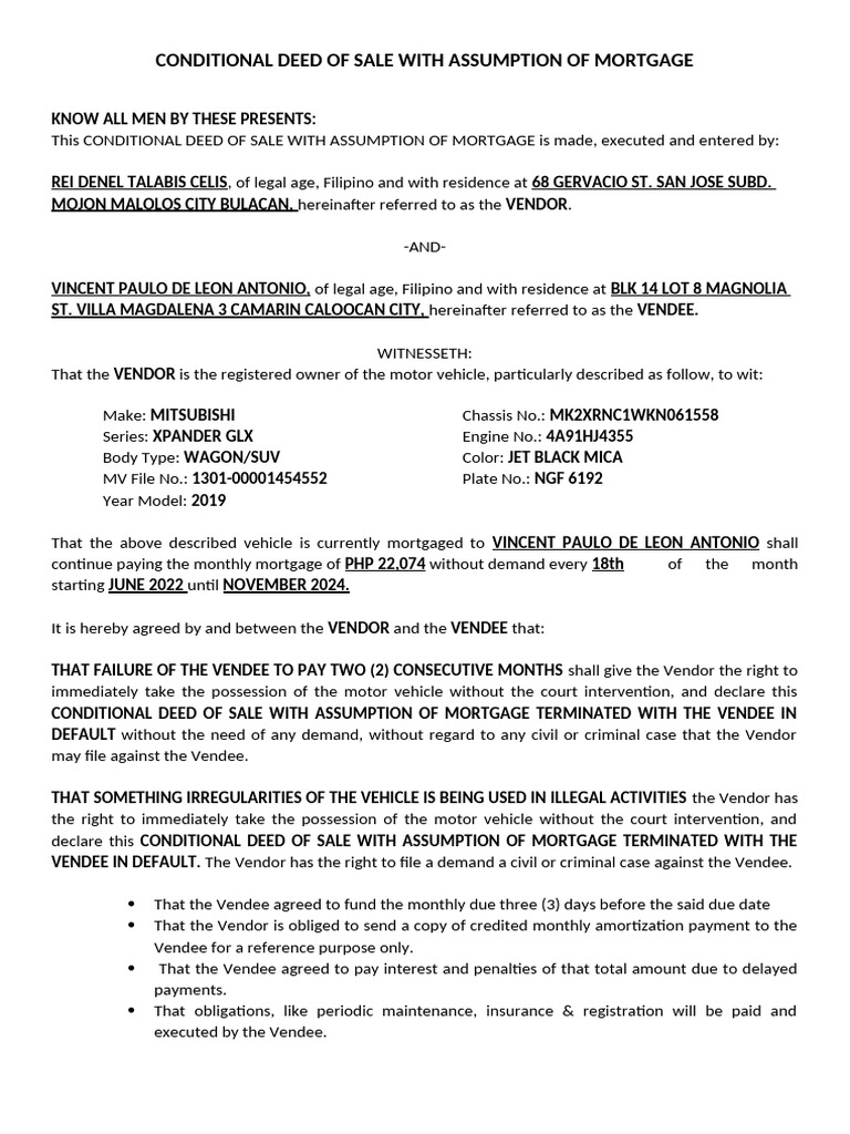 Conditional Deed of Sale & Mortgage Terms | PDF | Mortgages | Deed